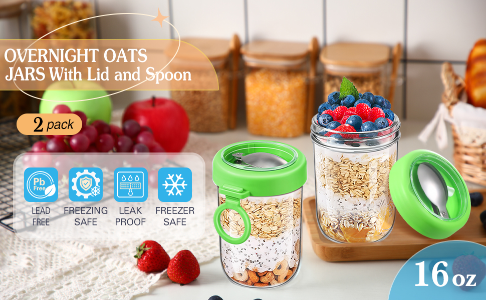 Amazon.com: RTWDKFQ 2Pack Overnight Oats Containers With Lids and Spoons,16-Oz Glass Mason Jars ...