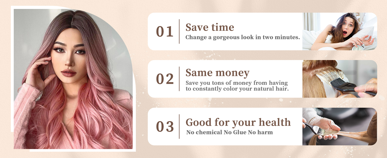 Amazon.com : NAYOO Long Pink Wig for Women - 26 Inch Ombre Pink Wavy Wigs for Women, Natural ...