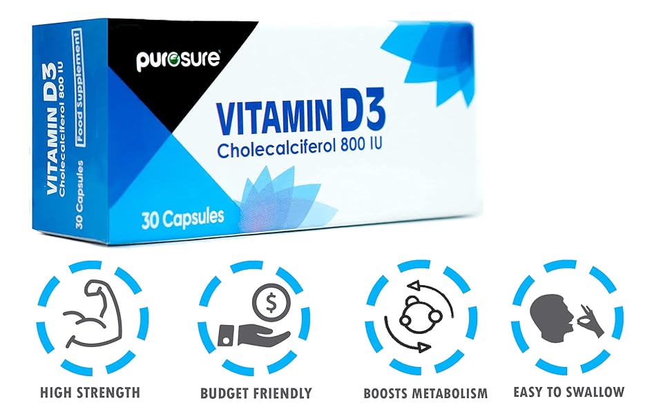 Vitamin D3 800 IU - 30 Capsules - High Potency, Easy to Swallow Pure Vitamin D Softgel Capsules ...