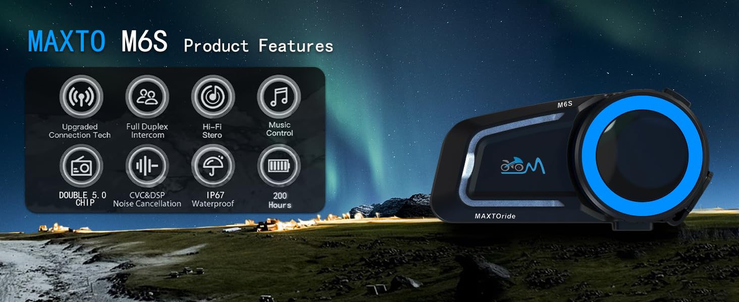 MAXTO Motorcycle Intercom【Mesh Intercom】 M6S Communication Systems for Moto 8 Riders 1000M ...