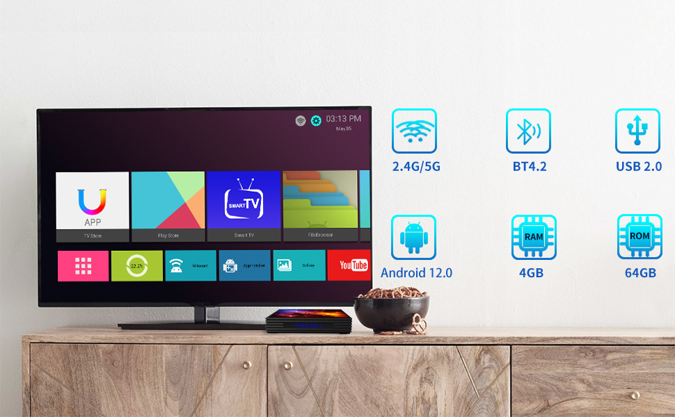 Android Smart TV Boxes 4GB RAM 64GB ROM Set Top Box Media Player Support 3D 4K UHD Videos ...