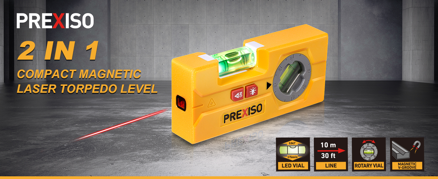 PREXISO 2-in-1 Line Laser Level – Mini Torpedo Level with Rotatable Magnetic Pocket, 30Ft Laser ...