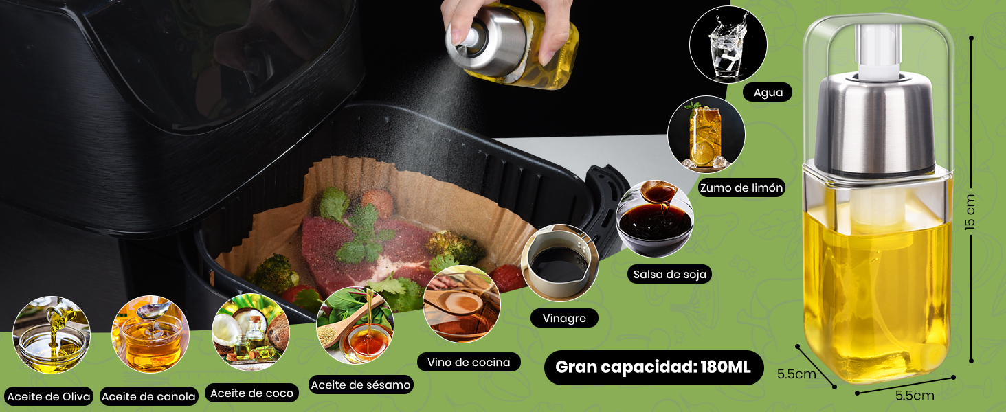 Pulverizador Aceite Spray, Bomba Difusora para Freidora Aire, Dosificador de Aceite de Oliva ...