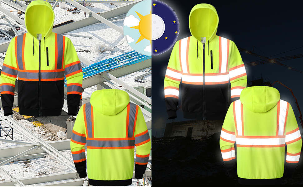 Kazsaifo Hi Vis Hoodie for Men Women Class 3 High Visibility Safety Hoodies Jacket Reflective ...