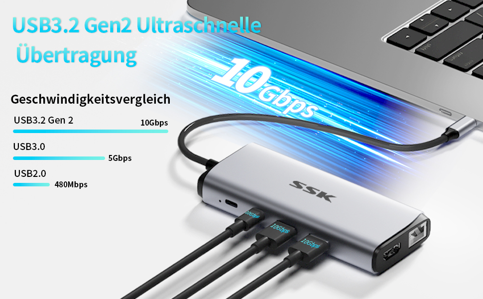 SSK USB C Hub Ethernet , 10 Gbit/s USB C Splitter Multiport-Adapter mit 4K60 Hz HDMI, 10 Gbit/s ...