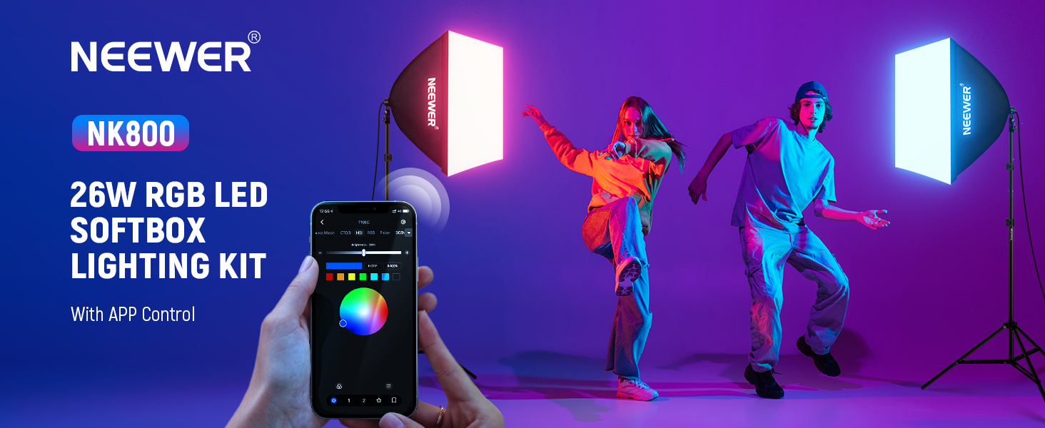 NEEWER RGB Softbox Lighting Kit with App Control & 9 Effect Modes, 2 Pack 26W FCC/IC/UL ...