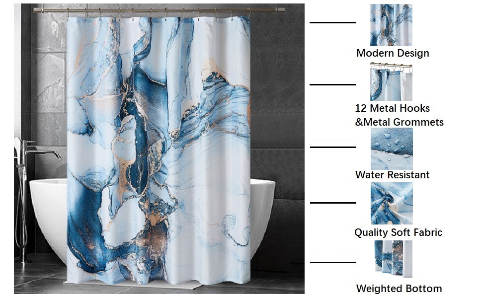 Amazon.com: YOSTEV Blue Gold Marble Shower Curtain Set, Abstract Granite Pattern Shower Curtains ...