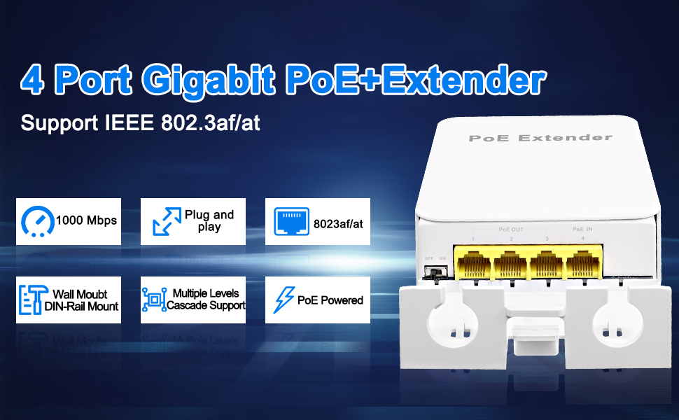 MEIRIYFA - Extensor PoE Gigabit para exteriores, 4 puertos, interruptor PoE IEEE 802.3 af/at ...