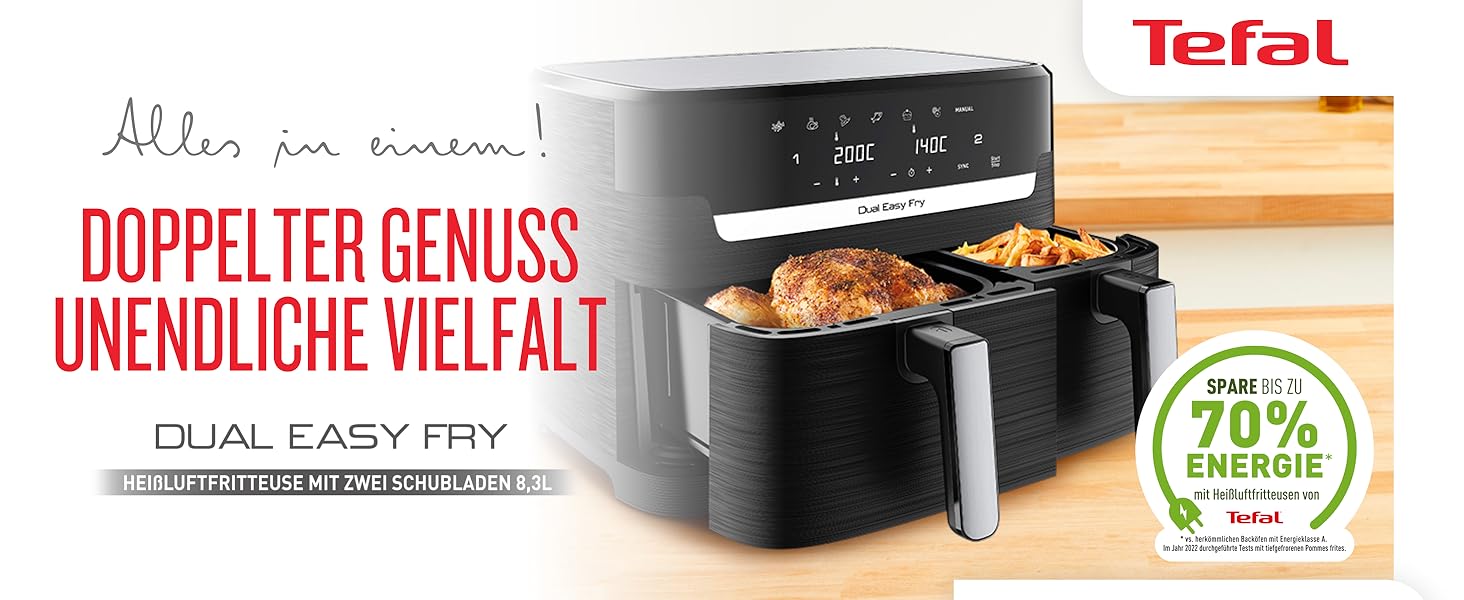 Tefal Dual Easy Fry Heißluftfritteuse Doppelkammer, 5,2/3,1 L ...