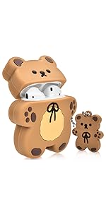 Amazon.com: Aleviker Cute AirPods Cases with Bear Keychain Cartoon Biscuit Bear Design Full ...