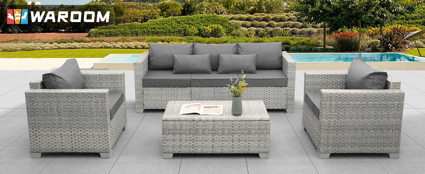 Amazon.com: WAROOM 4-Piece Wicker Patio Furniture Set, PE Rattan Sectional Sofa with Storage ...