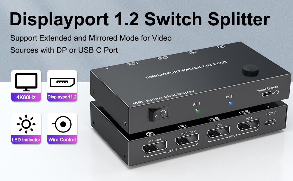 camgeet Displayport Splitter Switch 4K@60Hz, 2 in 2 out MST SST DisplayPort Splitter for 2 ...