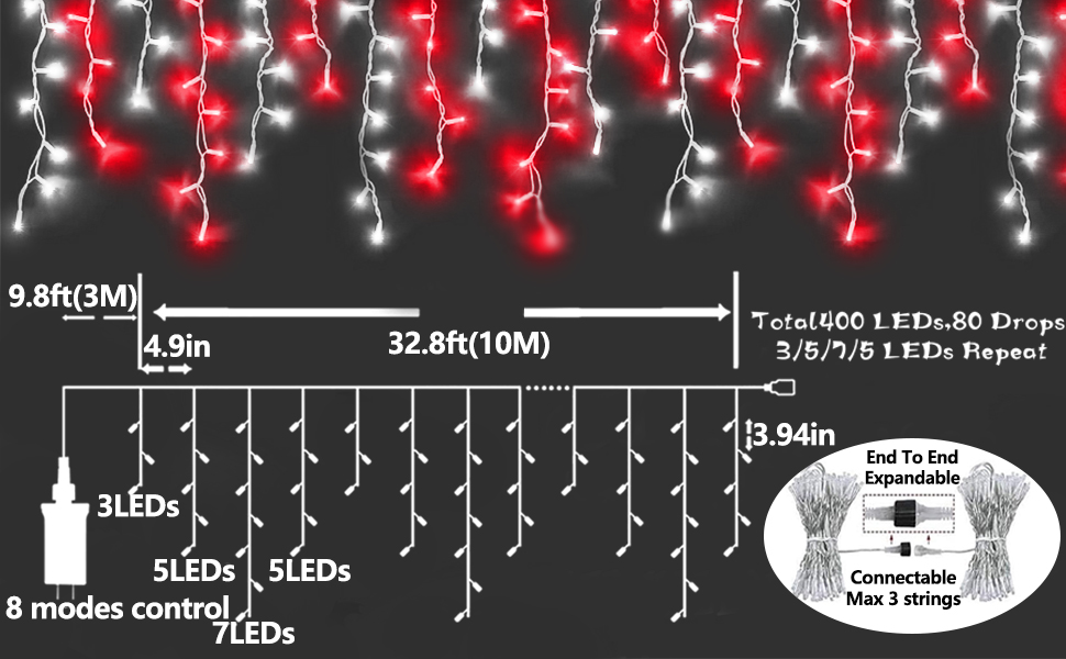 YEGUO 33ft 400 LED Red and White Icicle Lights Outdoor Waterproof, 80 ...