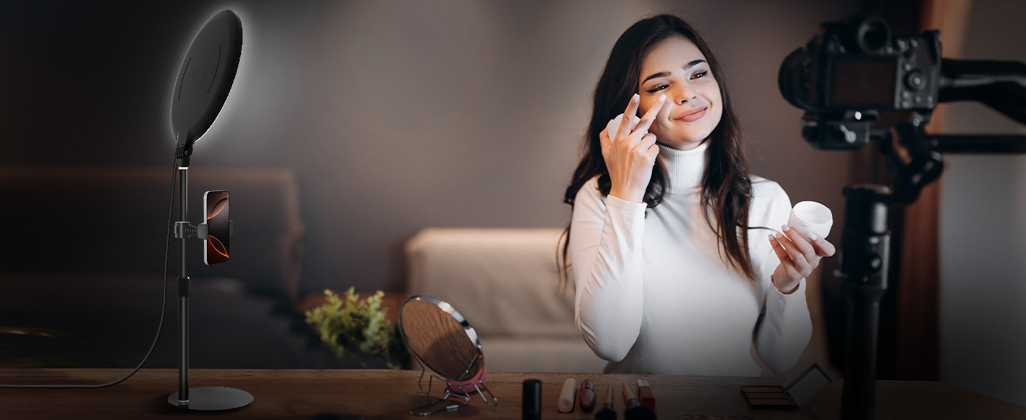 Amazon.co.jp: Niceveedi LEDリングライト 撮影用ライト 卓上26cm フルスク リーンライト 10段階調光 自撮り ライブ配信 ウェブ会議 zoom用 メイク/化粧用 ...