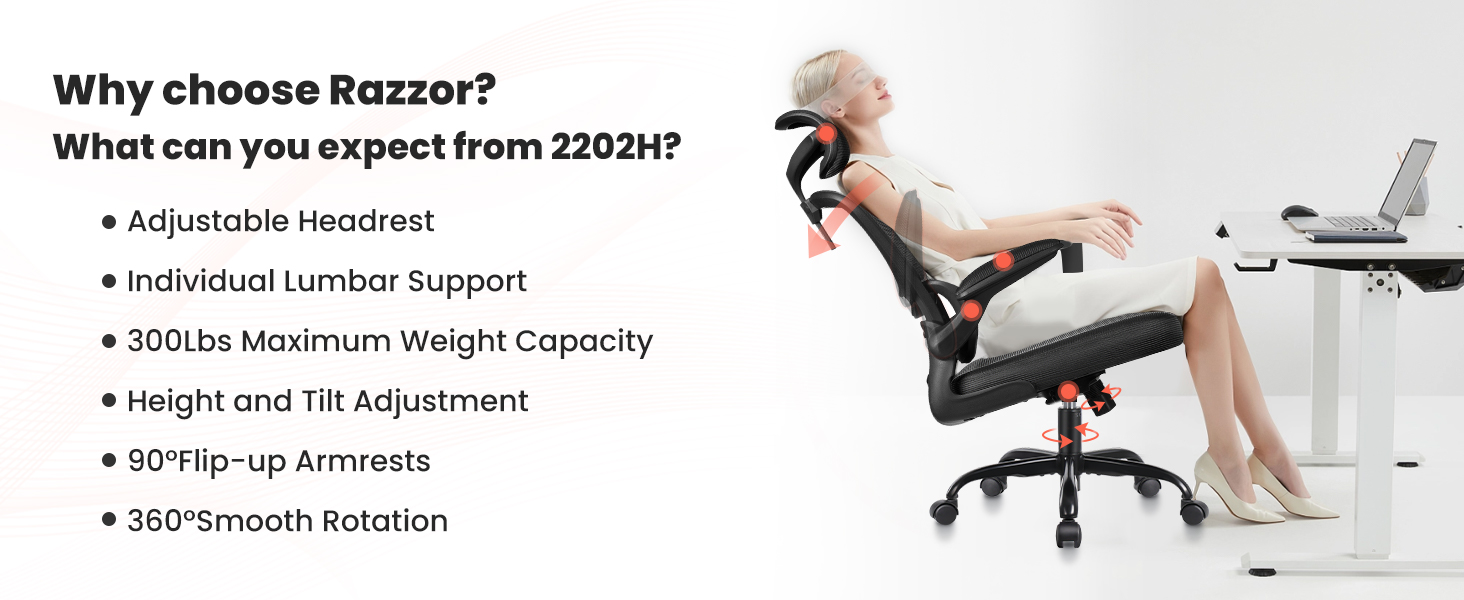 Razzor Ergonomic Office Chair, High Back Mesh Desk Chair with Lumbar Support and Adjustable ...