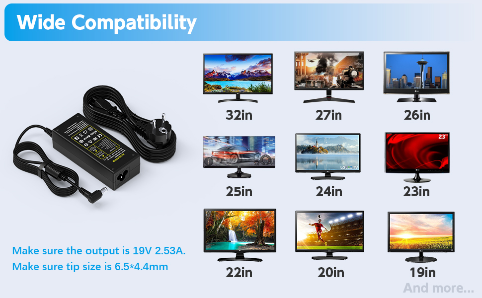 19V Adaptador Cargador para LG Electronics19 20" 22" 23" 24" 27" TV 22MK400H 24MT49S-PZ 24MT48S ...