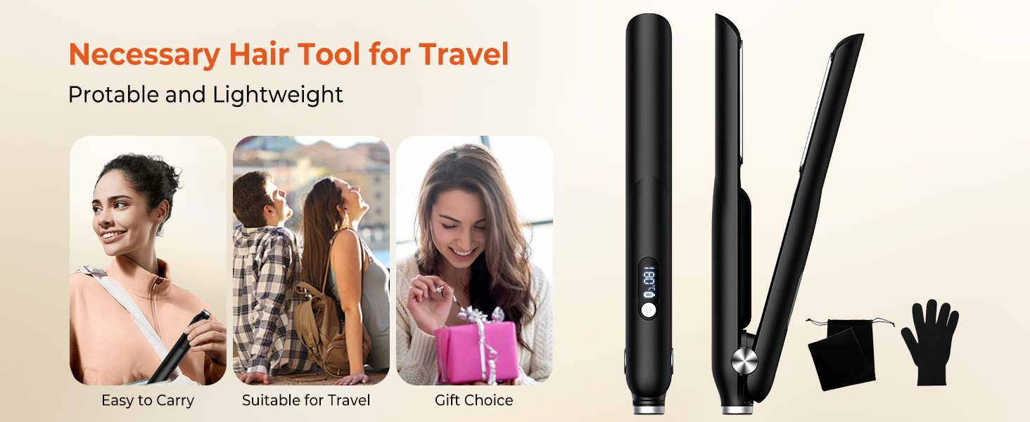 Cordless Hair Straighteners Curler 2 in 1 with 3 Temps, Mini Straightener, Portable Travel ...
