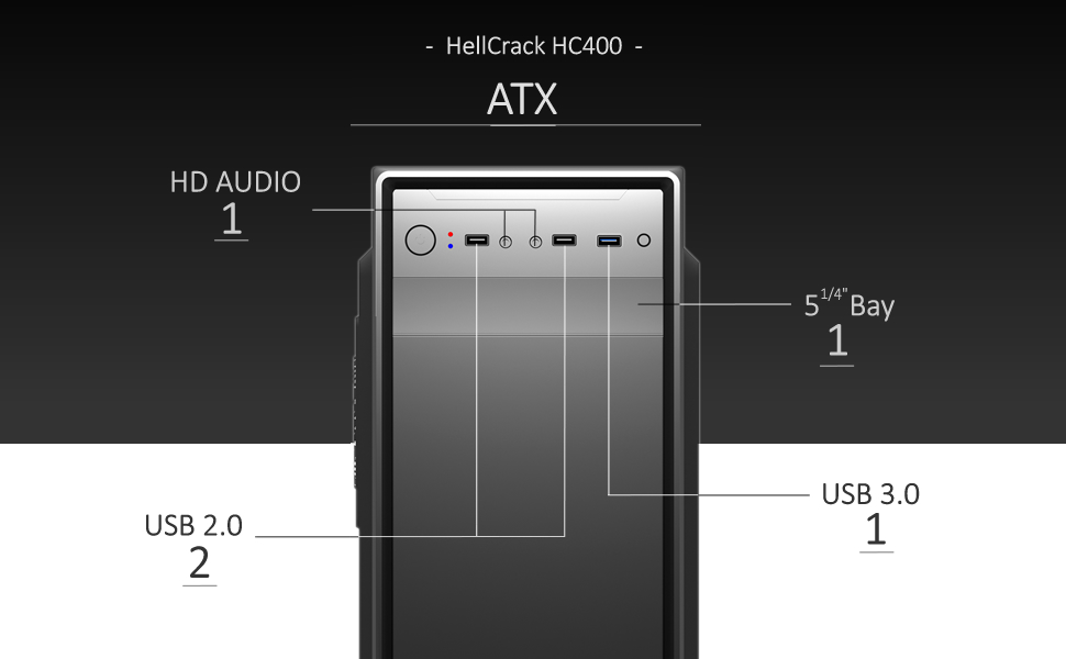 HellCrack Midi PC Case, ATX, Rear x 1 & Front x1 120mm FRGB Fan Included, 1 x USB3.0 and 2 x ...