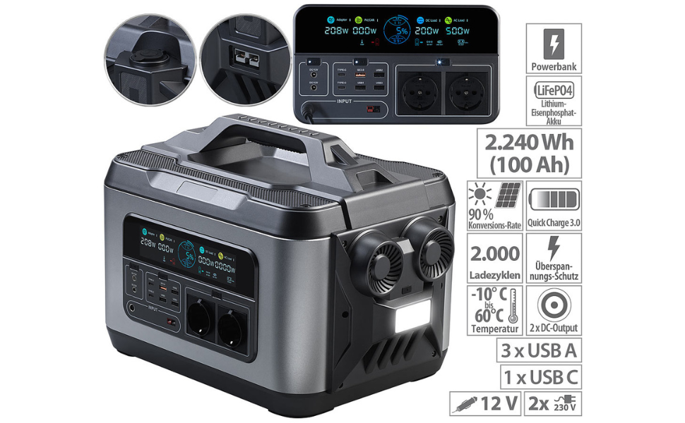 revolt Powerstation & Solar-Generator mit 2.240 Wh, 2X 230 V, 12 V, 2.200 W: Amazon.de: Garten