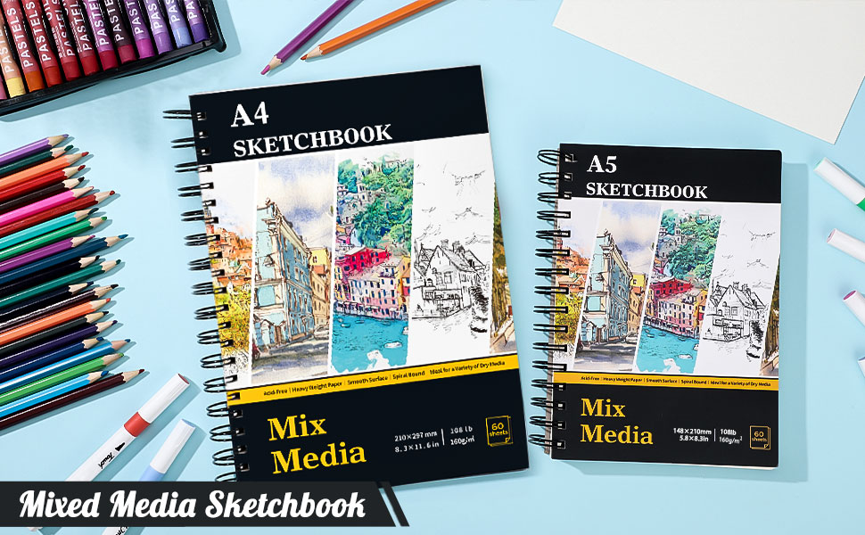 A5 Sketch Book, Mixed Media Sketchbook 60 Sheets / 120 Pages, 160GSM, Spiral Artist Sketch Pad ...
