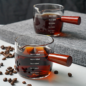 Amazon.com: Double Spouts 150ML /5OZ Measuring Triple Pitcher Milk Cup with Wood Handle Espresso ...