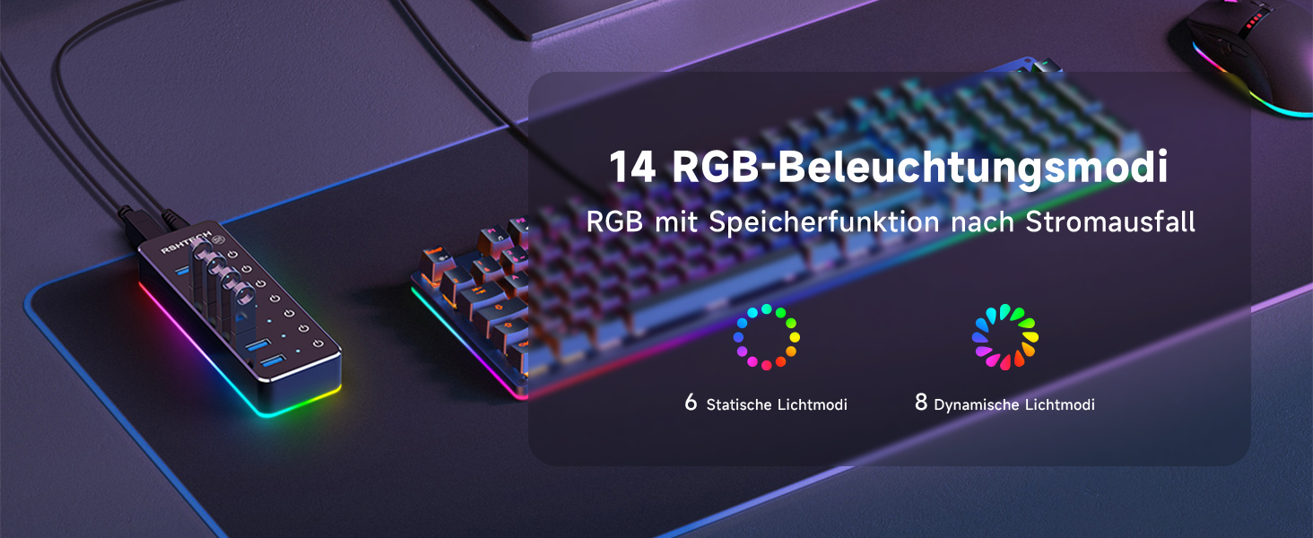 USB Hub Aktiv 3.0 mit Netzteil, RSHTECH 7-Port RGB USB 3.0 Hub Aluminium, 14 RGB ...