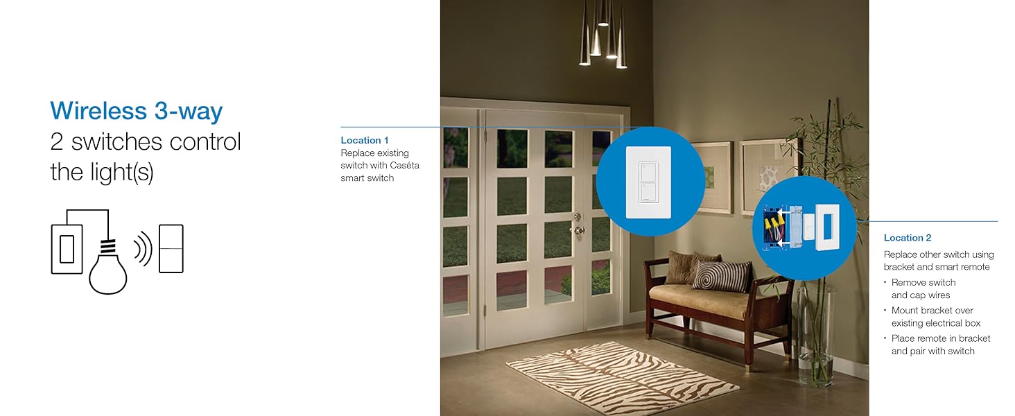 Lutron Caseta Smart Switch 3-Way Kit, with Pico Remote, Wallplate, Wall Bracket for LED Lights ...