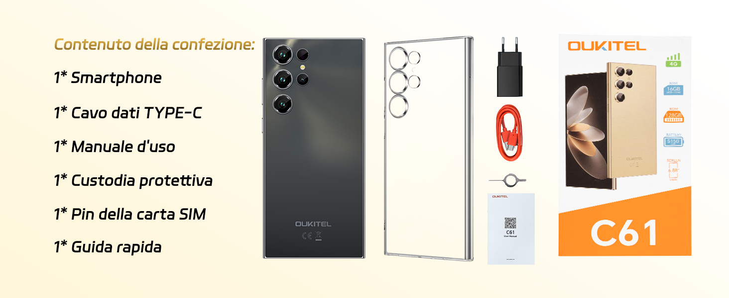 OUKITEL C61 Smartphone Android 15, 16GB+128GB/1TB Smartphone 2025, 6.88" HD+ 90Hz Telefono ...