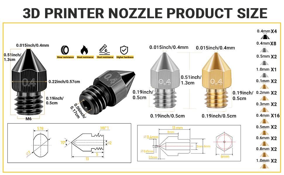 Amazon.com: 50 Pcs 3D Printer Nozzles Hardened Steel Stainless Steel Brass Printer Extruder ...