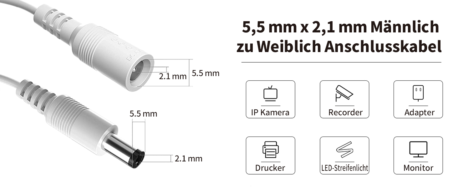 Tonton DC 12V Verlängerungskabel 10M, DC 5,5mm x 2,1mm Netzteil Adapter DC Verlängerung Kabel ...