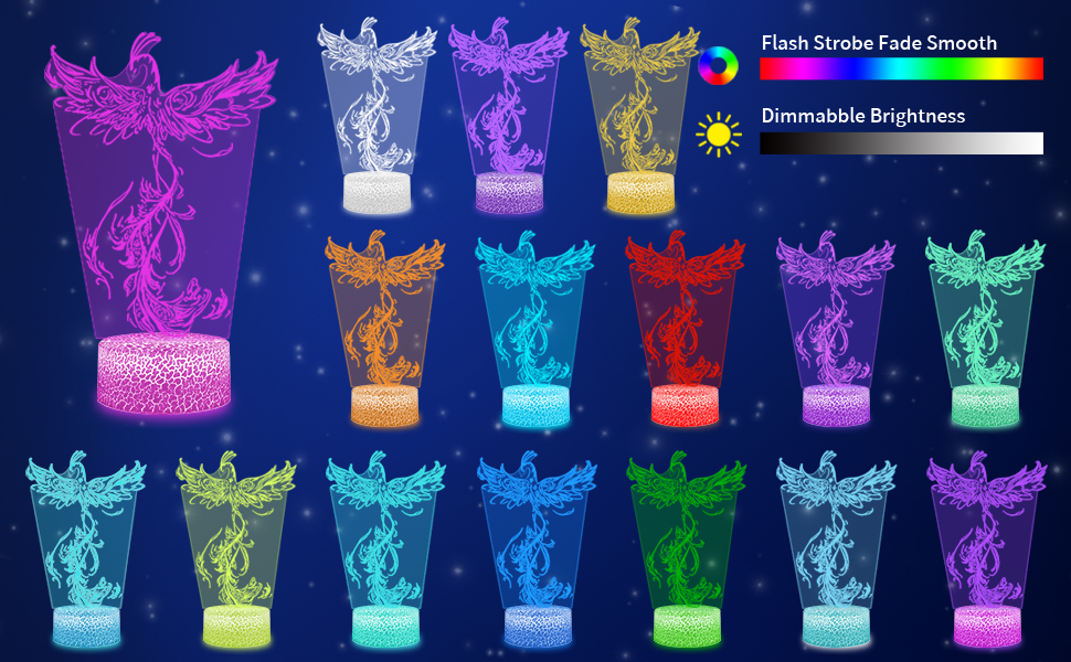 AGWIM 3D Illusion Lamp Phoenix Led Night Light, 16 Colors Changing USB ...