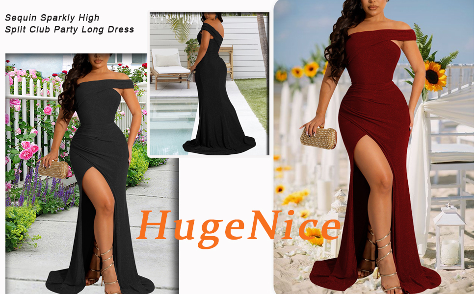 Amazon.com: Women's Sexy Off Shoulder Bodycon Maxi Dresses Elegant High Split Club Party Long ...