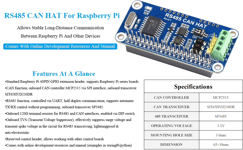 Amazon.com: RS485 CAN HAT Compatible with Raspberry Pi 5/4B/3B+/3B/Zero ...