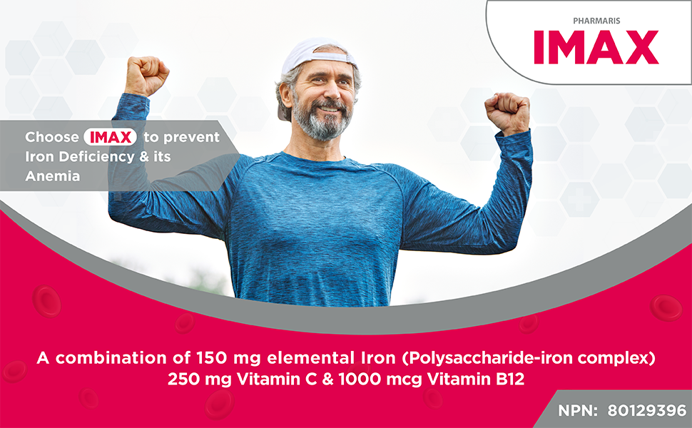 Pharmaris IMAX 150 mg Iron Supplement, 250 mg Vit C, 1000 mcg Vit B12, 30 Capsules, Treatment ...
