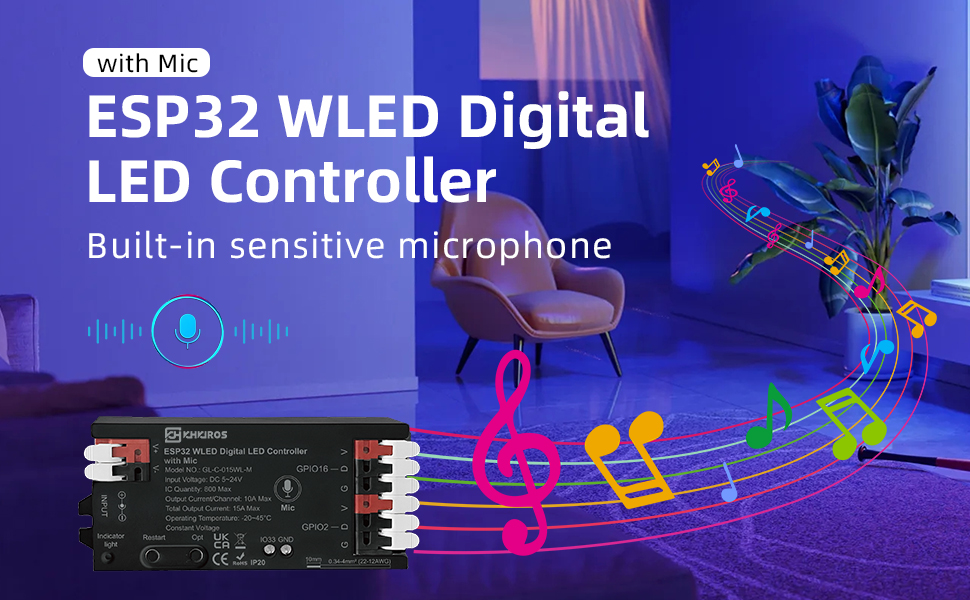 Amazon.com: KHKJROS WLED Controller with Mic,5-24V ESP32 LED Strip ...
