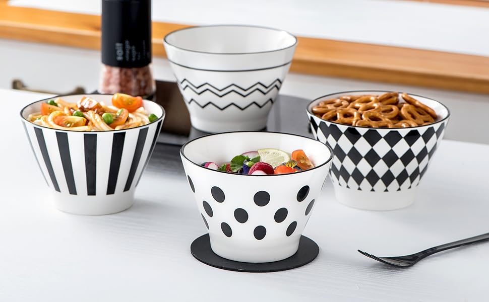 Amazon.com: SYJAN HOME Black & White Bowls set of 4,Ceramic Soup Bowls for Kitchen,14 OZ Small ...