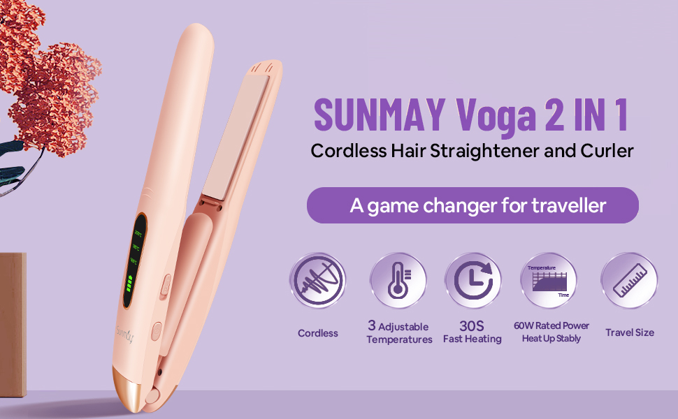SUNMAY Voga 2 in 1 Cordless Hair Straighteners and Curler, Travel Wireless Portable USB ...