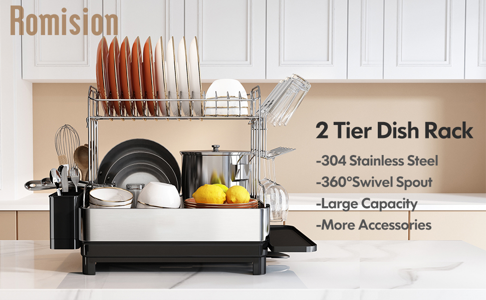 Romision 2 Tier Large Stainless Steel Dish Drying Rack with Drain Board, Dish Drainer with ...