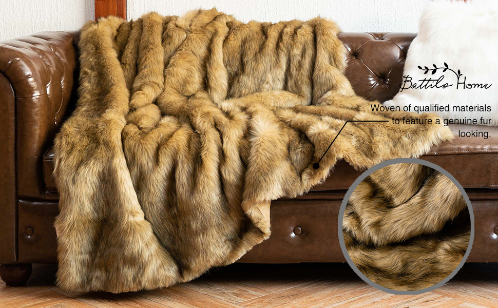 BATTILO HOME Ochre Faux Fur Throw Blankets 150x200cm Luxury Decorative ...