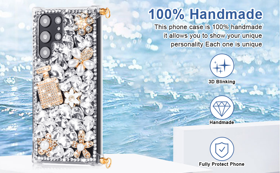 FODDOM for Samsung Galaxy S22 Ultra Case with Pearl Strap, 3D Handmade Sparkle Stunning Stones ...