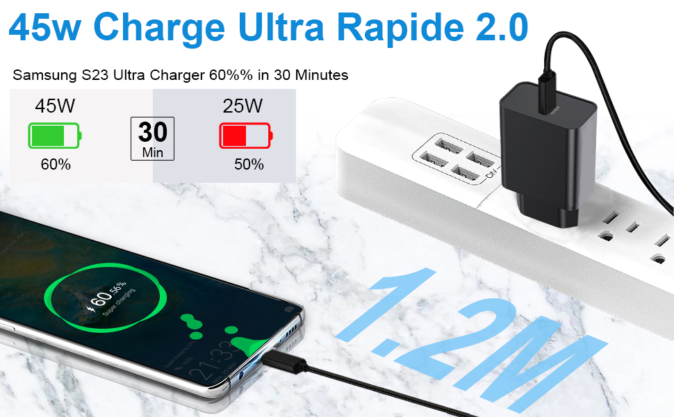 45W Chargeur USB C Rapide et Câble pour Samsung Galaxy S24 S25 Ultra/S23 Plus/S23/S22 Ultra/S22 ...
