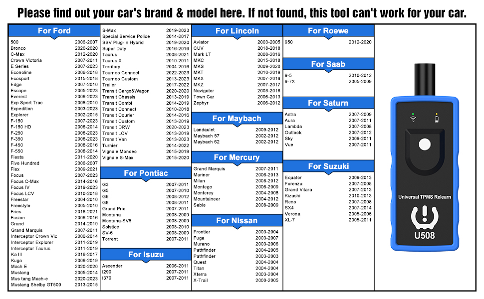 JDIAG U508 Universal TPMS Relearn Tool Tire Pressure Sensor Reset ...