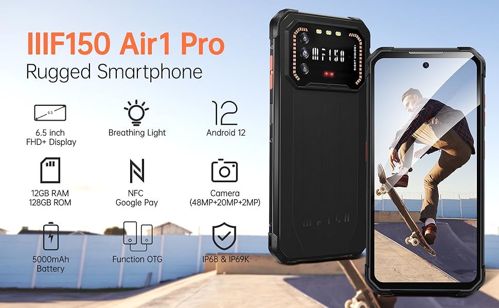 IIIF150 Air1 Pro Rugged Smartphone, [12GB + 128GB] 6.5" FHD+ Unbreakable Mobile Phones, 48MP ...