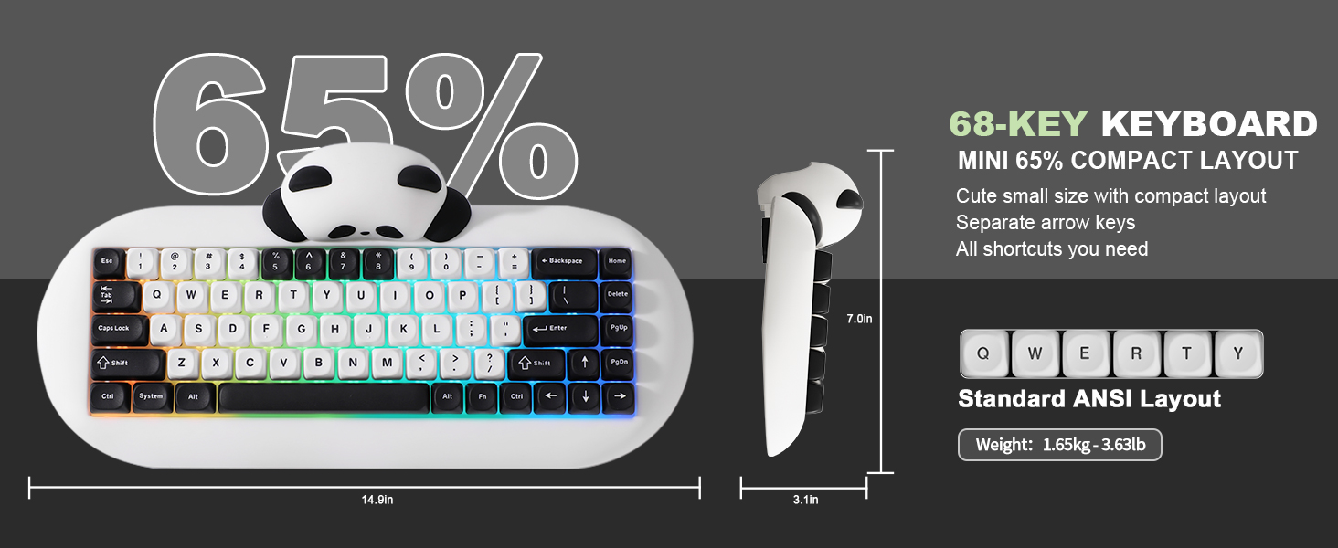 Amazon.com: YUNZII C68 Panda Wireless Mechanical Gaming Keyboard, 68 Keys Cute Layout with PBT ...