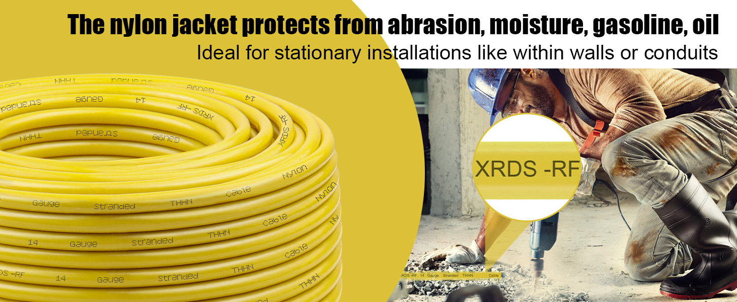 XRDS -RF 14 AWG Stranded THHN Wire – Yellow, 200FT – Oxygen-Free Copper Electrical Wire with ...