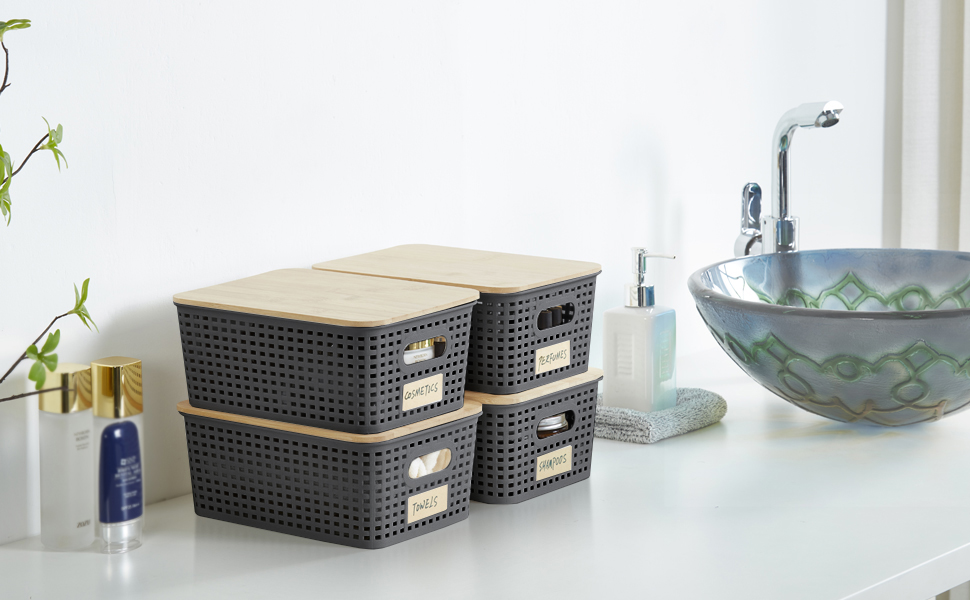 Amazon.com: Bagnizer Small Plastic Storage Bins with Bamboo Lids 5.2qt ...