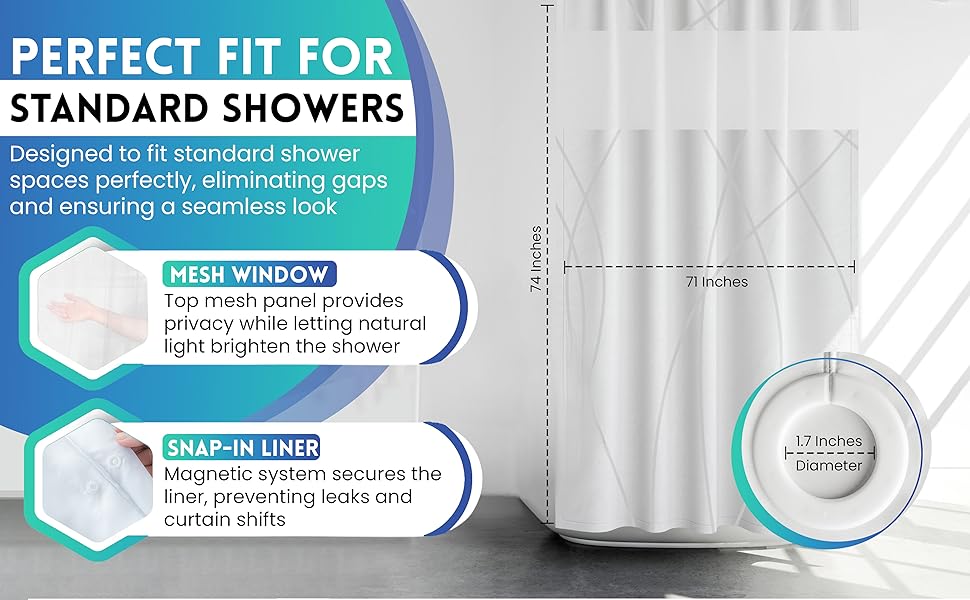 Amazon.com: No Hook Shower Curtain with Snap in Liner - Fabric with Mesh Window - No Hook Shower ...