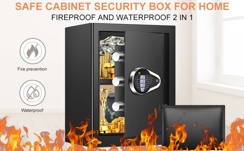 GHJGAGE 2.5 Cubic LARGE HOME SAFE Fireproof Waterproof, Digital Numeric Keypad and Keys ...