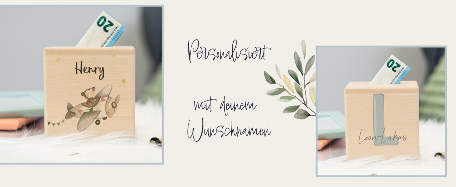Geschenkfreude Spardose personalisiert mit Namen aus Holz - 10x10cm Holzspardose mit Schloss ...