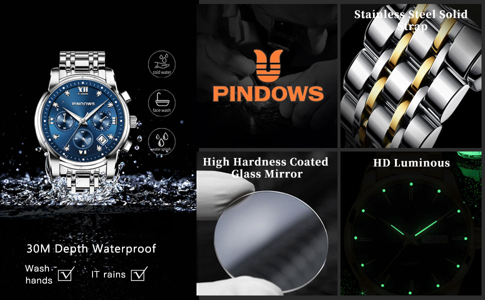 PINDOWS Watches for Men, Luxury Quartz Analog Watch with Date Big Face Waterproof Fashion ...